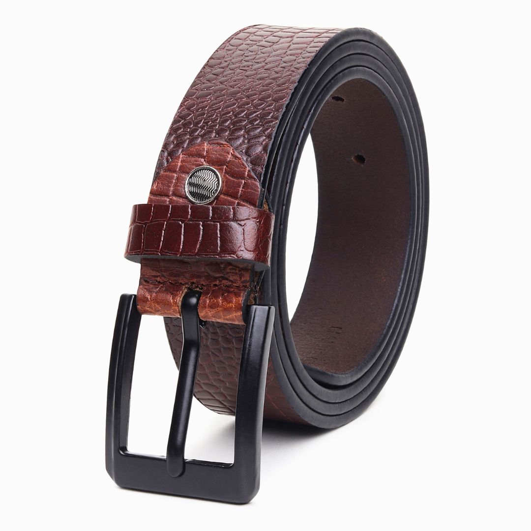 Brown Croco Pattern Genuine Leather Belt for Men with Black Buckle ...